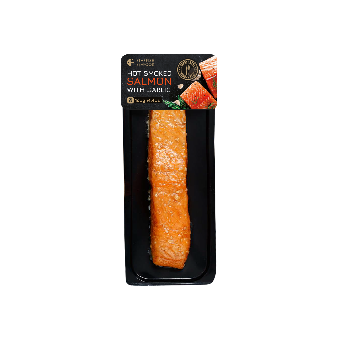 Hot smoked salmon fillet with garlic, Starfish, 125 g – Buy Online at ...