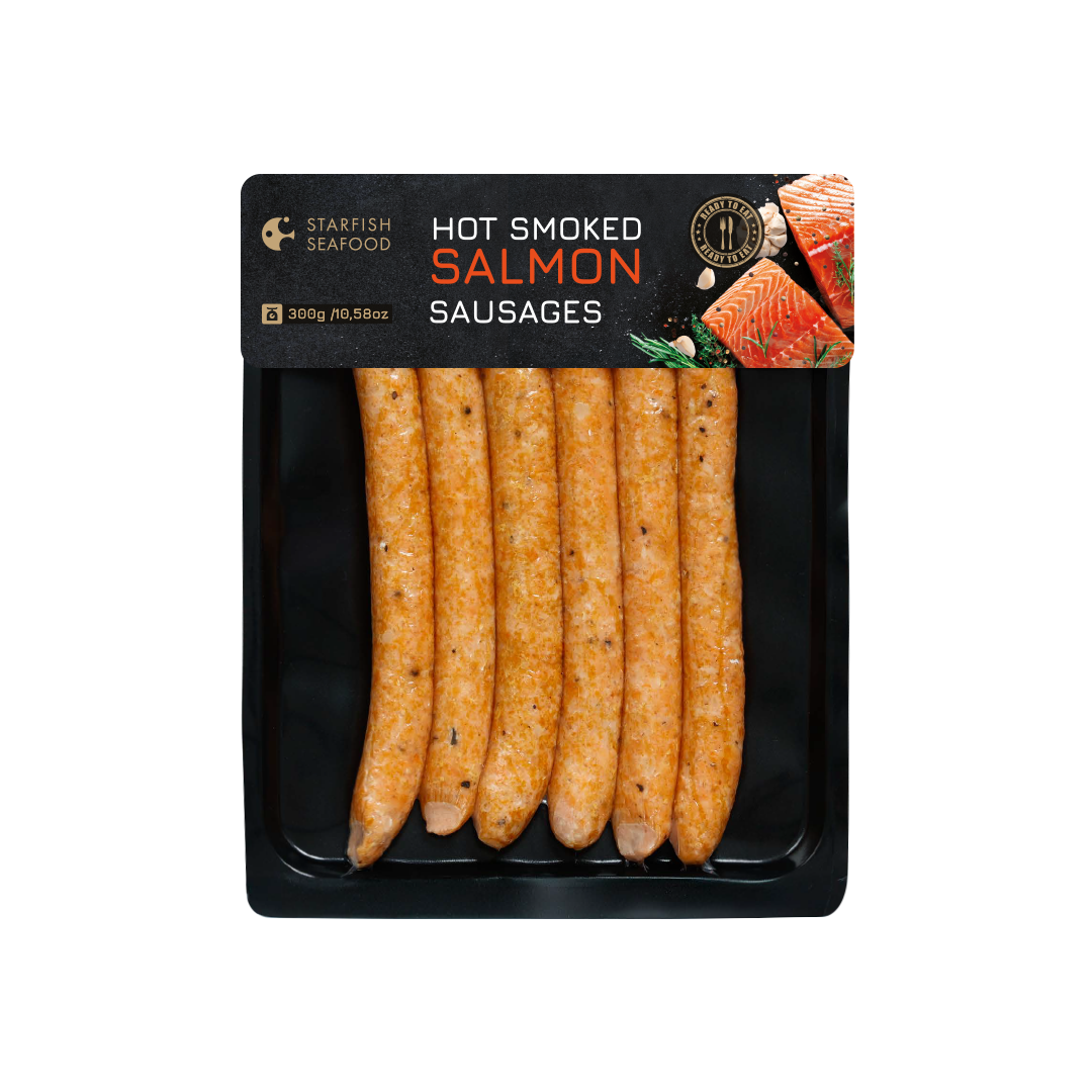 Hot smoked salmon sausages, Starfish, 300 g – Buy Online at GastronomUSA